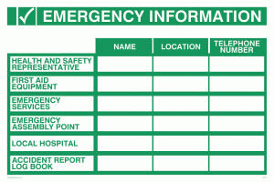 Emergency information table from Safety Sign Supplies